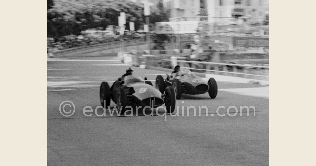 Harry Schell, (8) B.R.M. 25. Peter Collins, (36) Ferrari Dino 246 ...