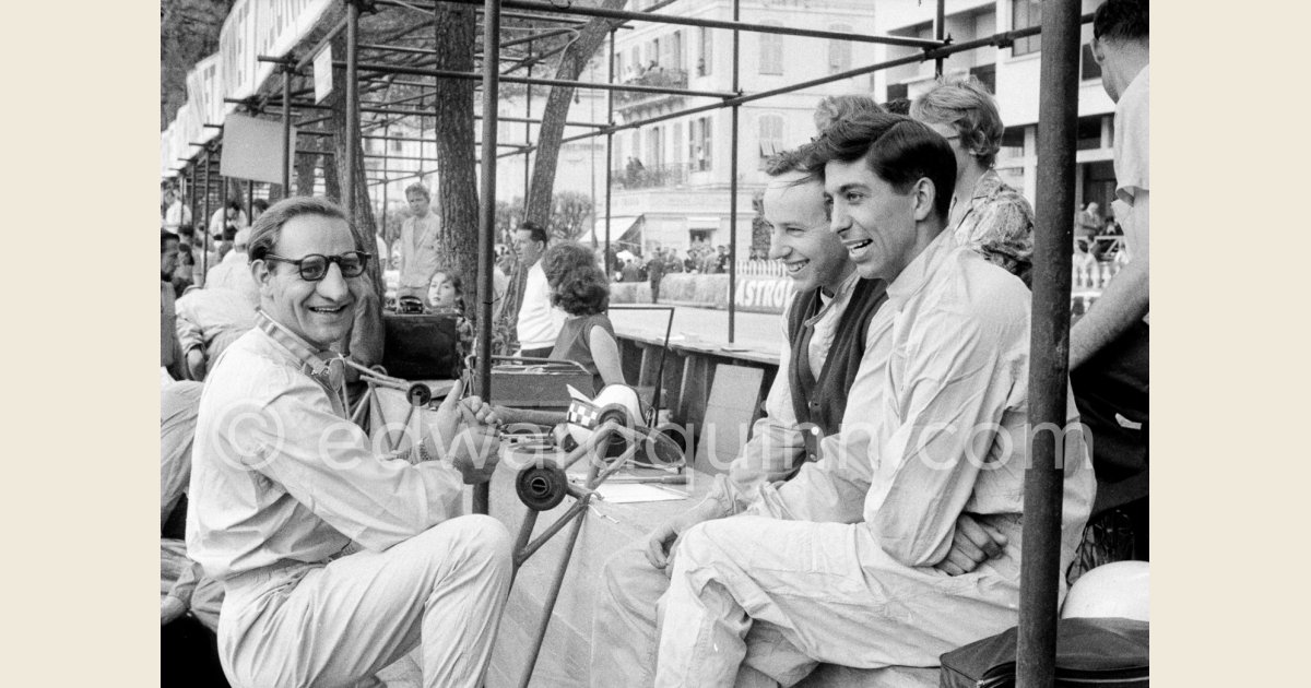 Smiling joking Innes Ireland, here wearing a false nose and glasses ...